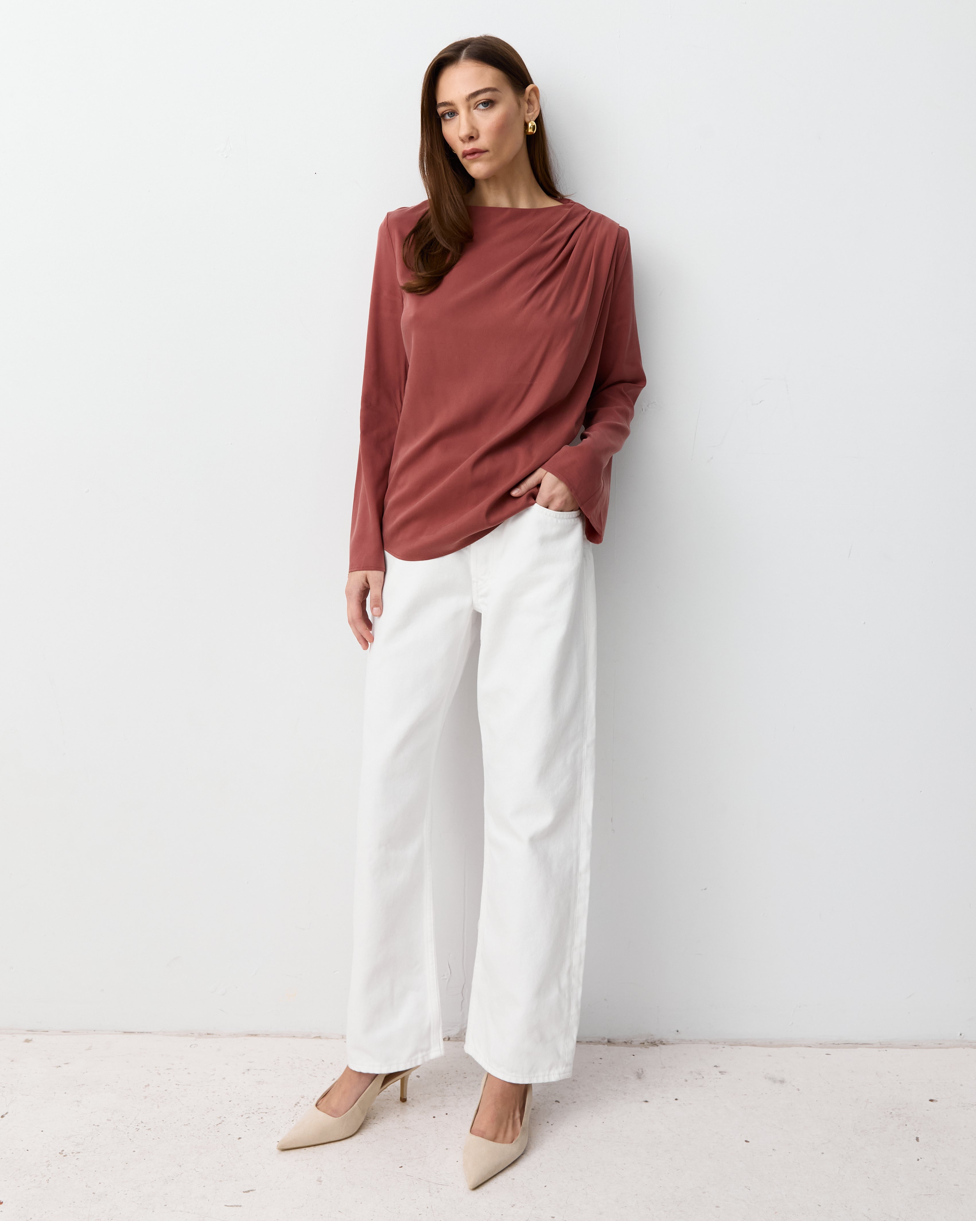 THE LONG SLEEVE DRAPED TOP- OCHRE – THE CURATED